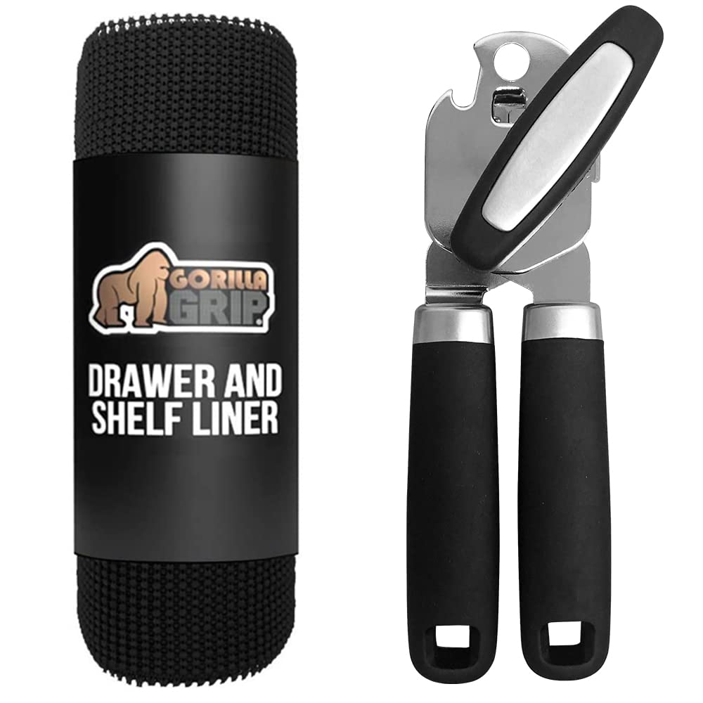 Gorilla Grip Drawer and Shelf Liner and Manual Hand Held Can Opener, Shelf Liner Size 12 In x 20 FT, Strong Grip, Large Lid Openers for Kitchen, Both in Black, 2 Item Bundle