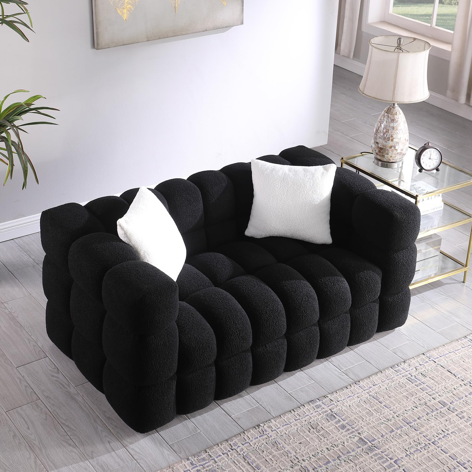 OUYESSIR 62" Modern Teddy Cloud Loveseat Couch for Living Room, Comfy Boucle Tufted Deep 2 Seat Sofa, Upholstery Decor Small Love Seat Futon Couch with 2 Pillows for Apartment, Office, Olive Green