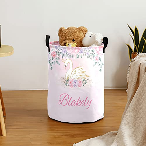 Swan Princess Pink Purple Personalized Foldable Freestanding Laundry Basket Clothes Hamper with Handle, Custom Collapsible Storage Bin for Toys Bathroom Laundry