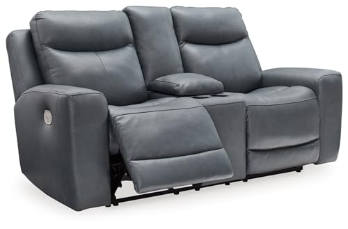 Signature Design by Ashley Mindanao Modern Leather Match Upholstered Power Reclining Loveseat with Console, USB Ports and Cup Holders, Gray