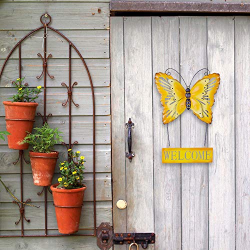 Farmhouse Wall Decor Rustic Metal Yellow Butterfly Welcome Sign Hanging Outdoor Decorations For Patio And Garden