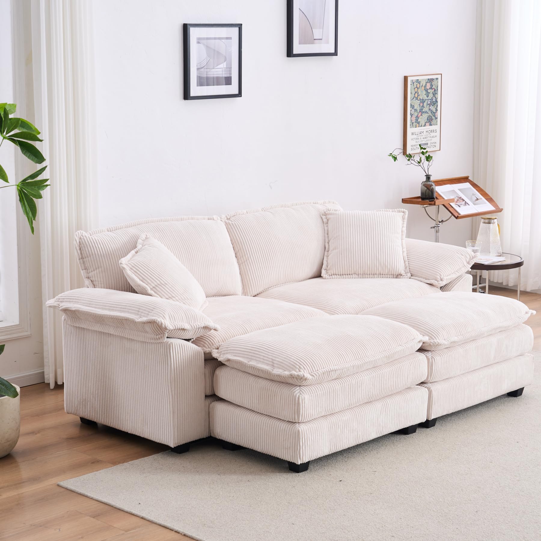 OUYESSIR Oversized Loveseat Sectional Sofa Couch with 2 Ottoman, 84.6" Modern Upholstered Corduroy Modular Cloud Couch, Comfy Deep Seat L Shaped Sofa for Living Room, Small Space, Grey