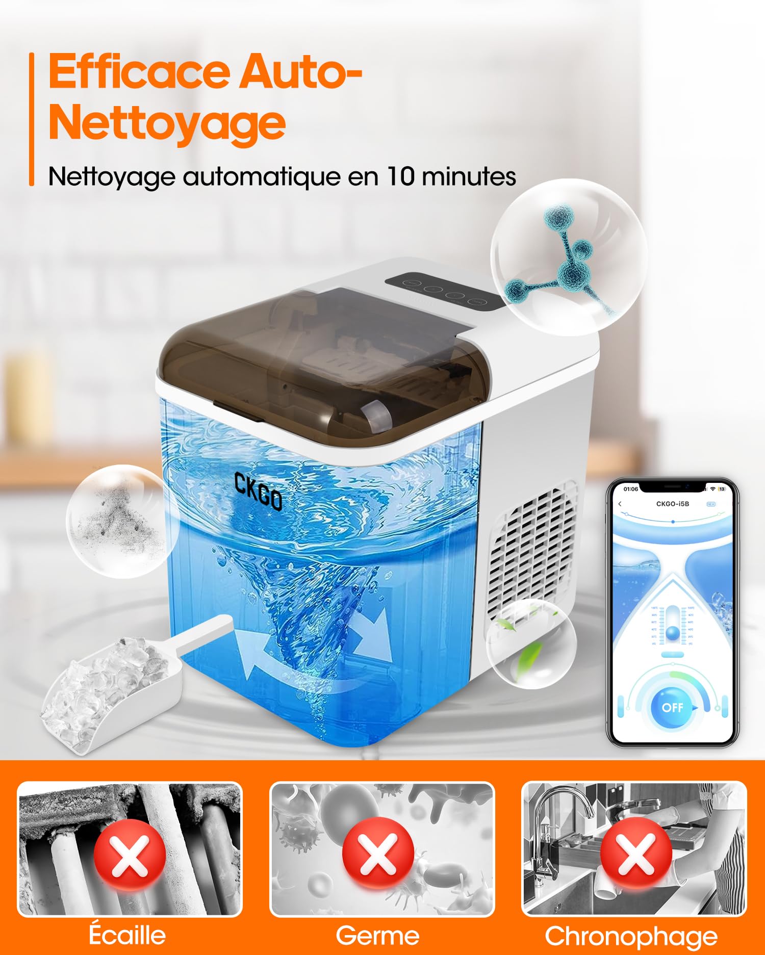 Smart Ice Maker Countertop, Compact Wi-Fi Ice Machine with App Control, 33 lbs per Day 9 Cubes in 6 Mins 2 Sizes Bullet Ice Makers Self-Cleaning Ideal for Home Kitchen Camping RV