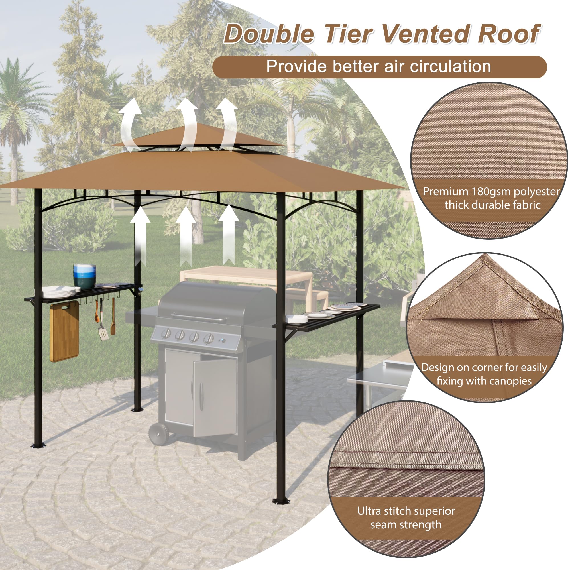 Grill Gazebo,8 x 5 FT Grill Pergola Tent with Air Vent Double Tiered BBQ Gazebo Outdoor Barbecue Canopy
