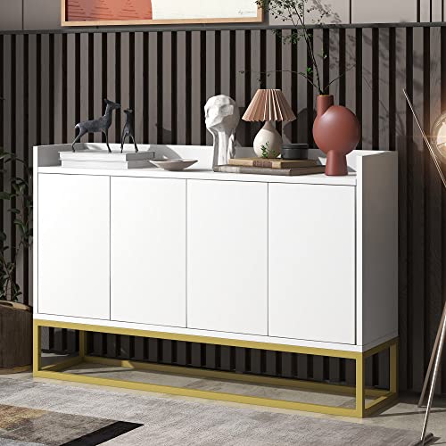Modern Sideboard Elegant Buffet Cabinet with 4 Doors Storage Cupboard and Display Shelves,Buffet Server Console Table Floor Cabinet with Gold Metal Base for Dining Room/Entryway/Kitchen (White)