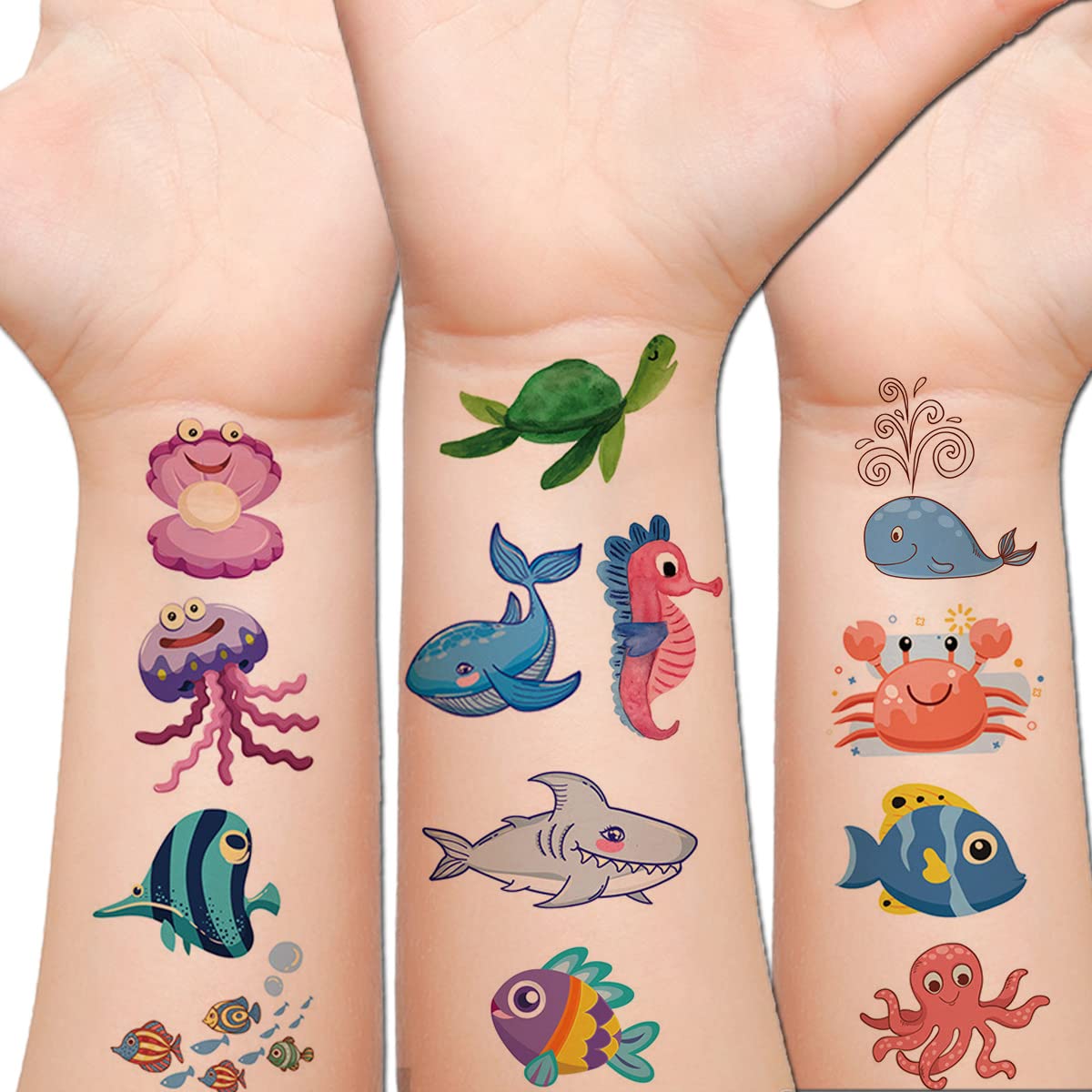 Hohamn Sea Animals Temporary Tattoos for Kids - 90+ Cartoon Ocean Animal Fake Tattoos for Girls Boys Birthday Party Supplies Favors, Baby Shower