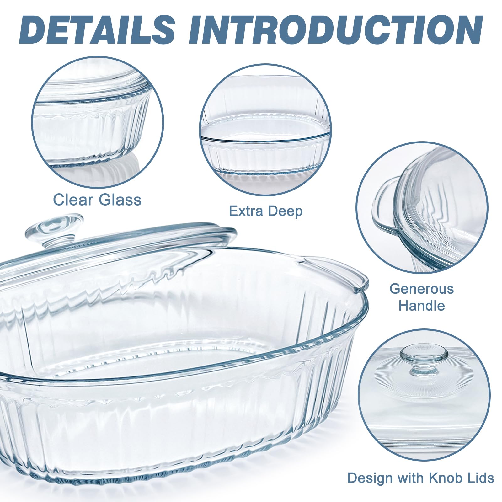Oval Casserole Dish with Lid: Casserole Dishes for Oven with Lids, Covered Clear Glass Casserole Bakeware,1.8L or 2.8L (transparent, 2.8L)