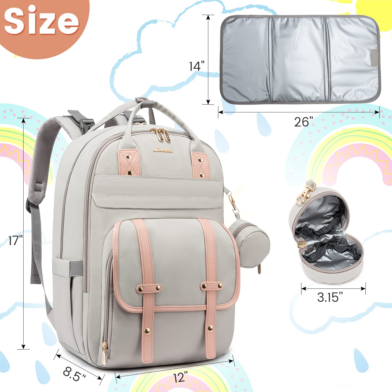 LOVEVOOK Diaper Bag Backpack, Multifunction Baby Bags for Girls, Large Travel Flap Diaper Backpack Nappy Bag with Pacifier Case & Stroller Straps, Diaper Bag with Changing Pad for Baby, Grey Pink