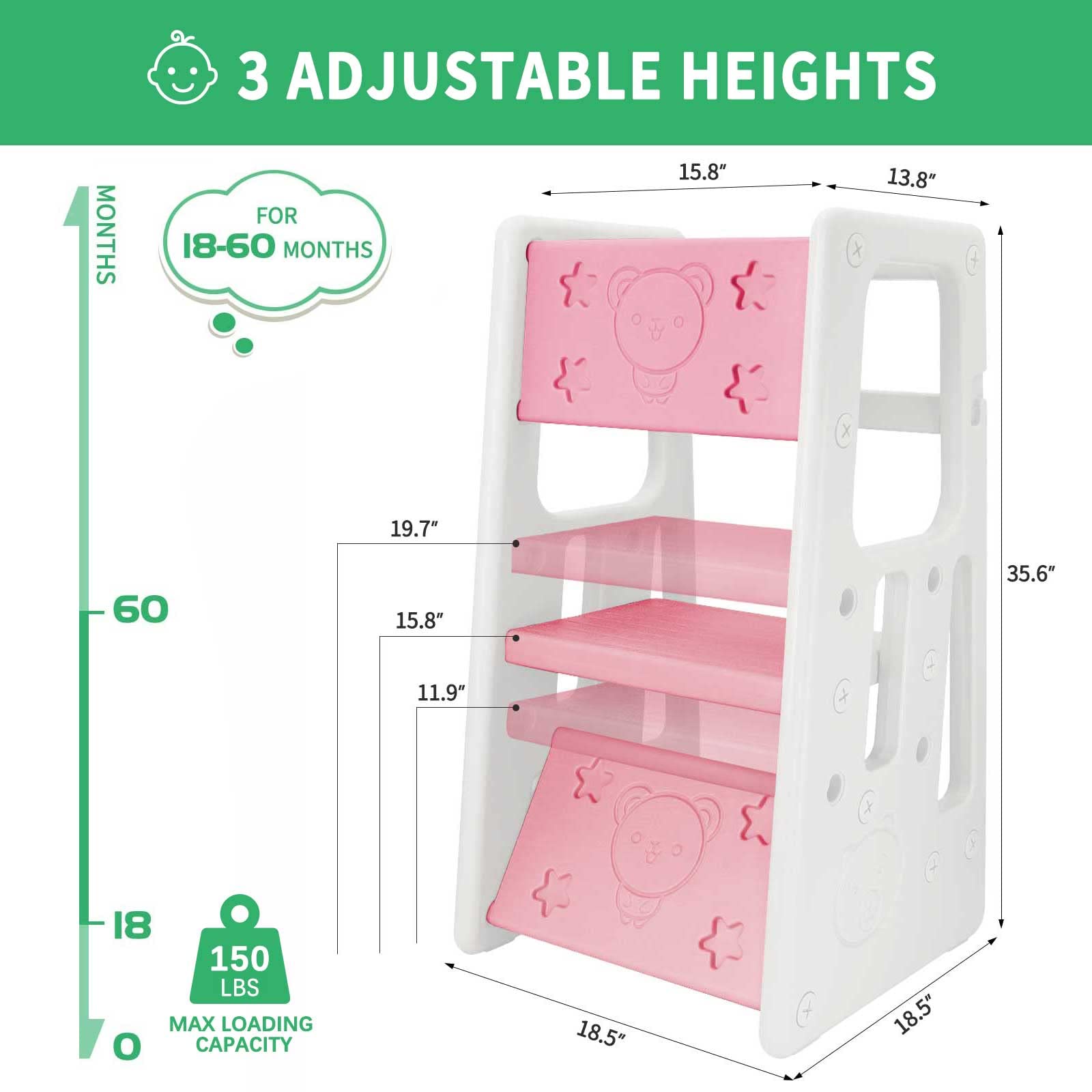Nursery Kitchen Step Stool w/ 3 Adjustable Heights Toddler Standing Tower Kids Learning Stool w/Double Safety Rails & Non-Slip Foot Pads Cooking Stool Stand Helper Bathroom Counter Footstool (Pink)