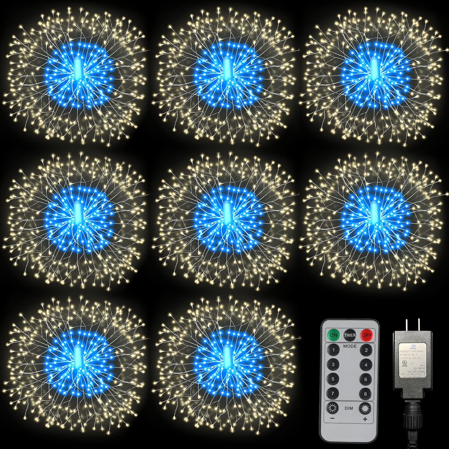 Homesprit 8 Pack Firework Lights 180 Led Copper Wire with 8 Models Power Supply Remote Control Waterproof Outdoor Hanging for Decor Garden Party Christmas