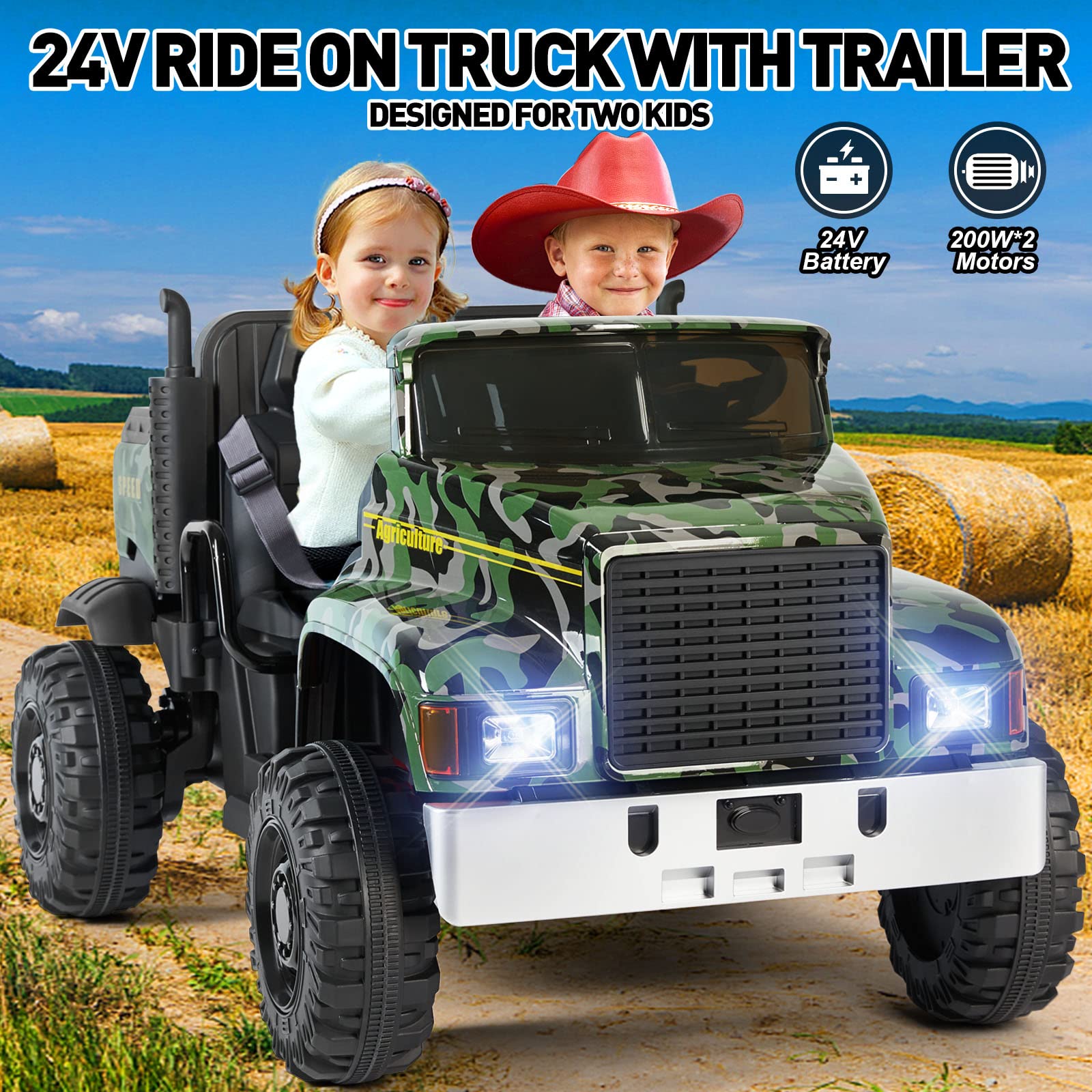 JOYLDIAS 2 Seater Ride On Car, 24V Battery-Powered Toy Tractor with Trailer, Dump Bed, Dual Motors, 4 Large Wheels, 2.4G Remote Control, 3 Speeds, Bluetooth, Camo Green, 47 * 31 * 27 inches