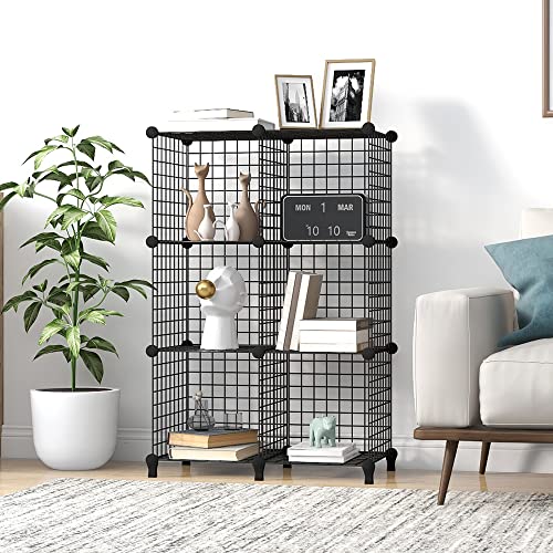 Wolizom Wire Cube Storage, 6-Cube Black Metal Grids Shelves Bookshelf, Stackable Modular Shelving Organizer, DIY Closet Bookcase Bookshelf, Grid Storage Shelf for Bedroom, Living Room, Office