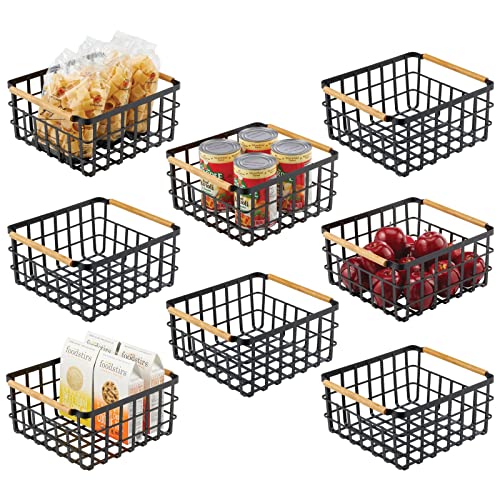 mDesign Metal Wire Storage Organizer Basket with Bamboo Wood Handles for Kitchen Pantry, Rustic Farmhouse Bin to Store Fruit, Coffee, Spices, Supplies, Yami Collection, 8 Pack, Matte Black/Natural/Tan
