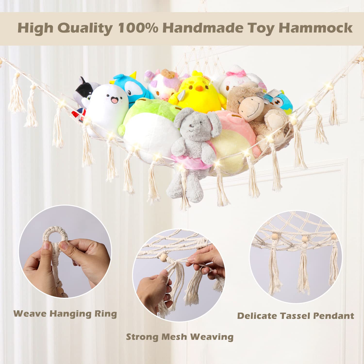 Large Stuffed Animal Hammock with LED Light, Stuffed Animal Net for Toy Storage and Wall Decor, Hanging Corner Net Holder with Hooks, Plush Macrame Toy Hammock Organizer for Nursery Playroom Bedroom