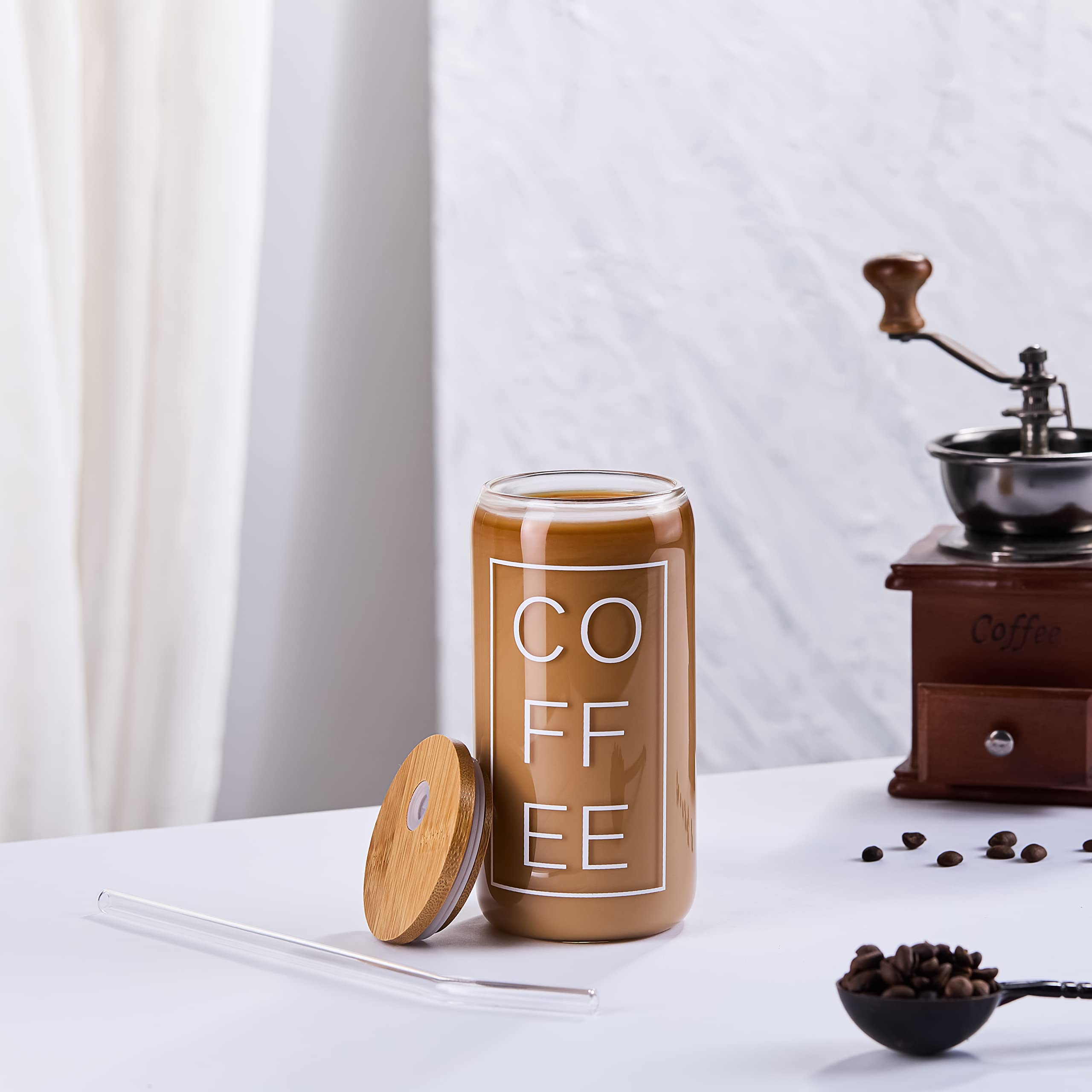 KAUND Ice Coffee Cup with Bamboo Lids and Glass Straw,16oz Sublimation Boho Printed Beer Can Glasses,Ideal for Cocktails,Whiskey,Beer,Soda and Gifts(C01-rainbow