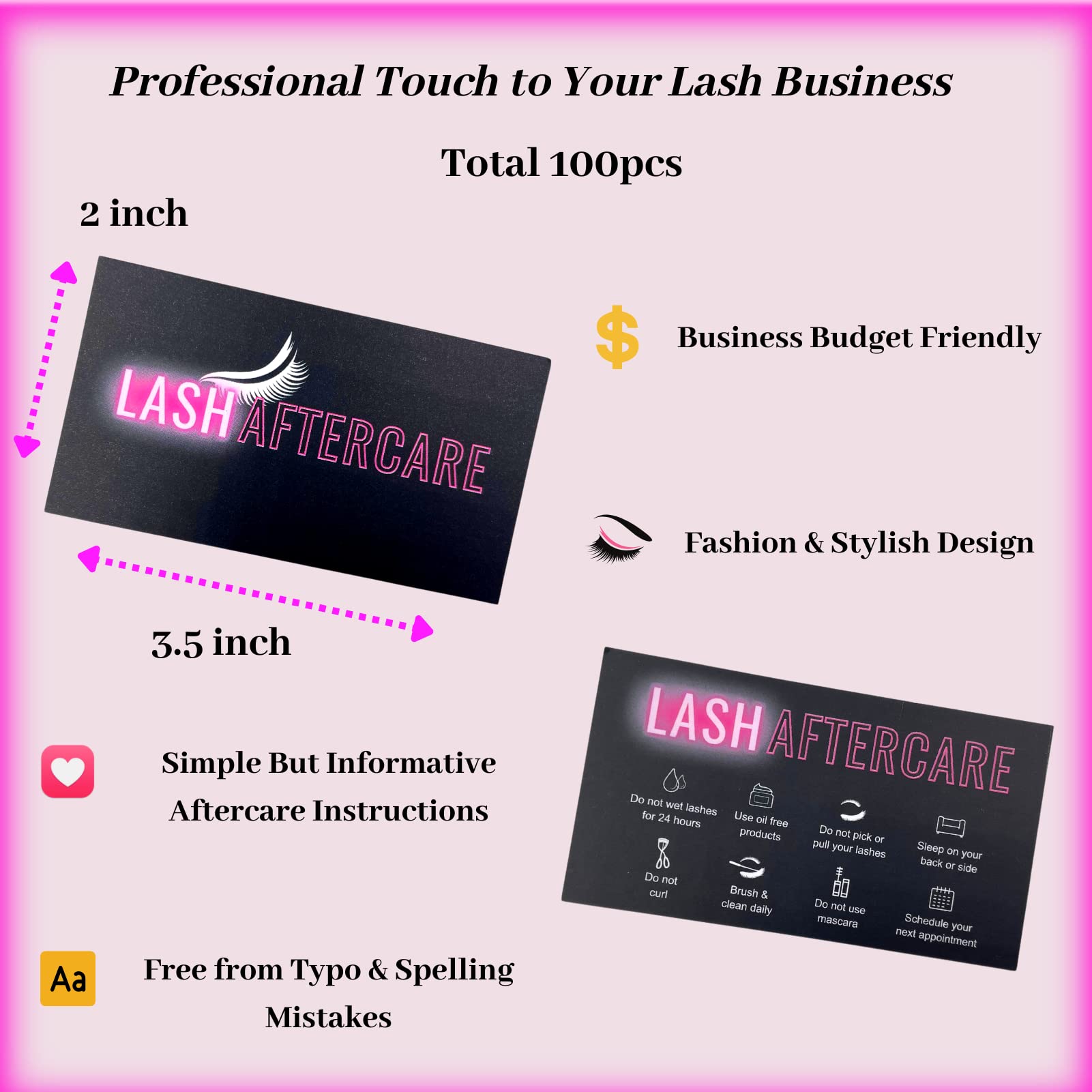 Lash Extension Aftercare Instructions Cards 100 Pack Eyelash After Care Card for Business Client Double Sided Size 3.5 x 2 inches Pink & Black (3.5 * 2 โ, Pink & Black)
