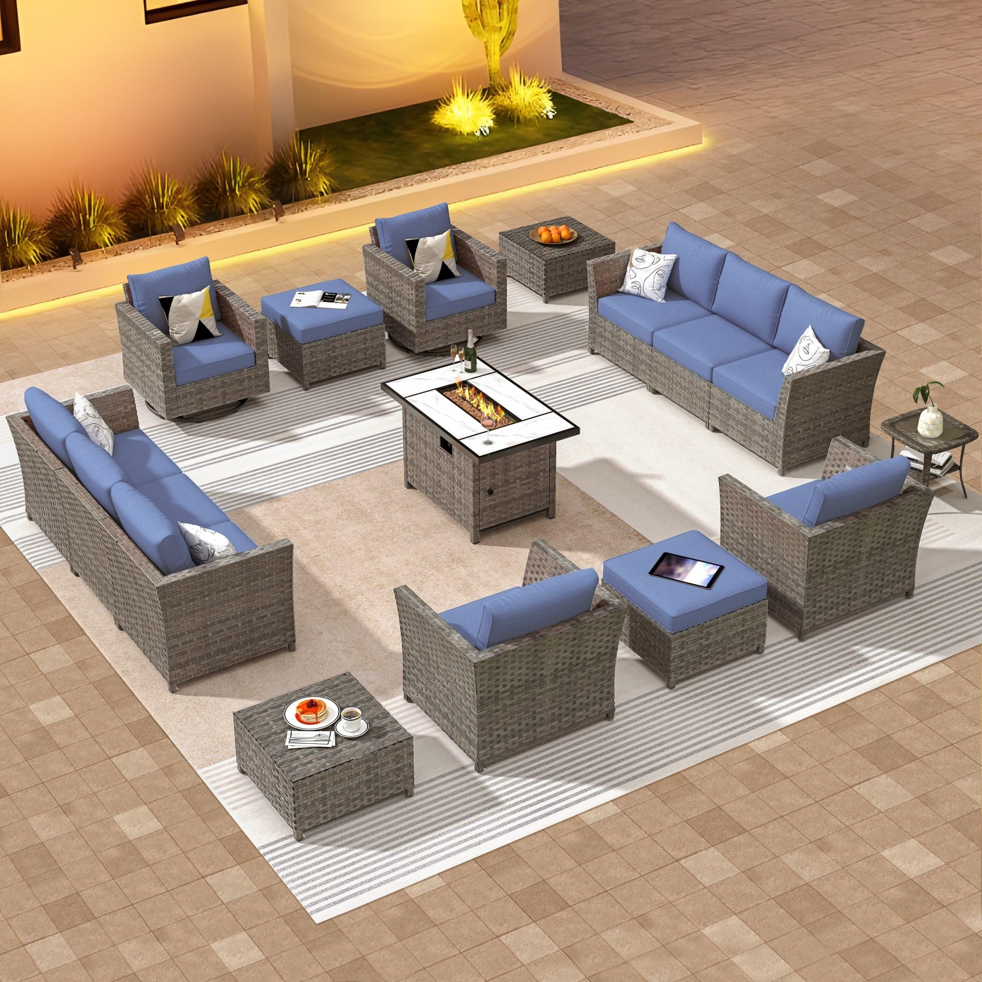ovios 16 Piece Patio Furniture Set with Fire Pit Table,Outdoor Rattan Wicker Coversation Set with Swivel Rocking Chairs, Sectional Chairs for Outside Porch Balcony Backyard Pool,Light Blue