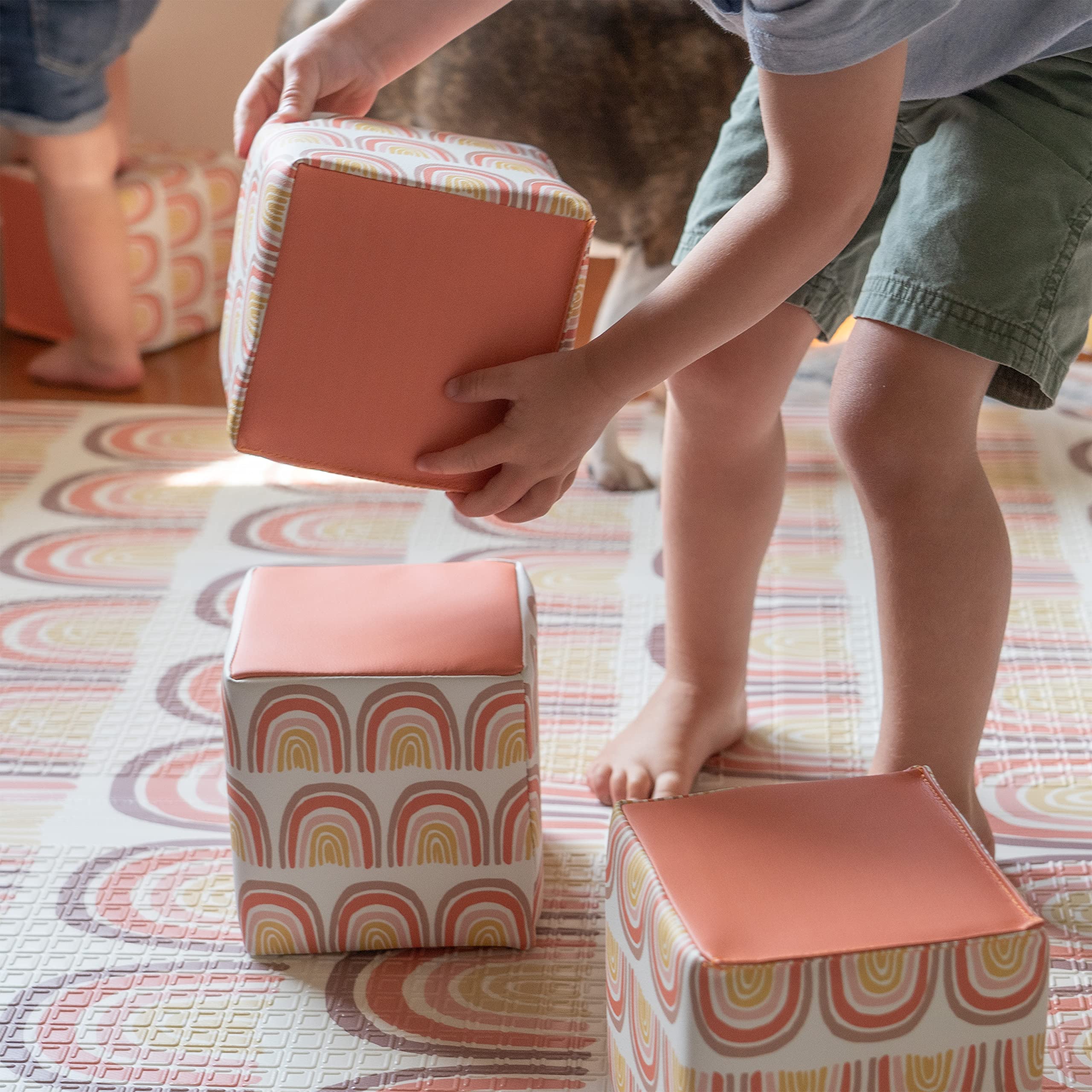 JumpOff Jo β Soft Foam Block Playset β Set of 12 Baby & Toddler Building Blocks 6"x6", Vegan Leather, Soft Play Stacking Toys for Babies & Toddlers β Boho Rainbow