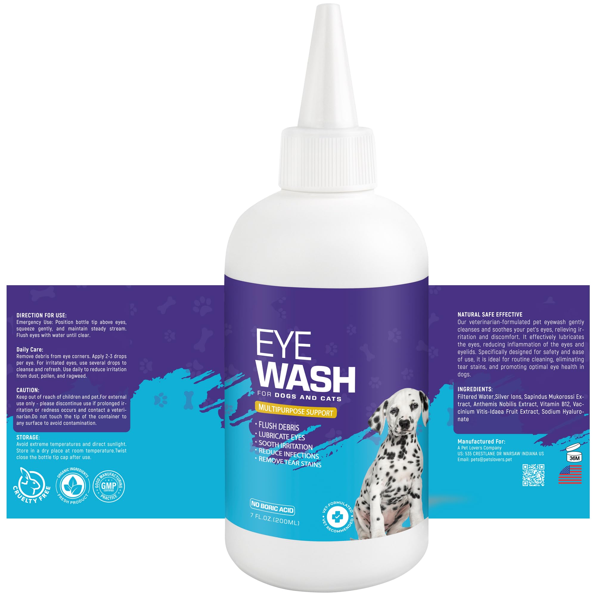 Spanielbuns Dog Eye Drops 200ml,All Natural Ingredients Eye Wash for Dogs and Cats, Cleanses Tear Stains, Mucus, Improves Allergy Symptoms and Dry Eyes(2pack)
