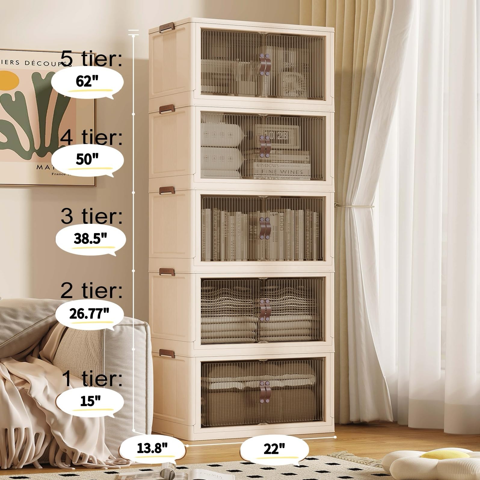 SAILUN 82Gal(326Qt) Stackable Storage Bins Folding Collapsible Storage Bins with Lid, Closet Organizers and Storage, Storage Box with Door Beige 22" Wx13.8 Dx62 H
