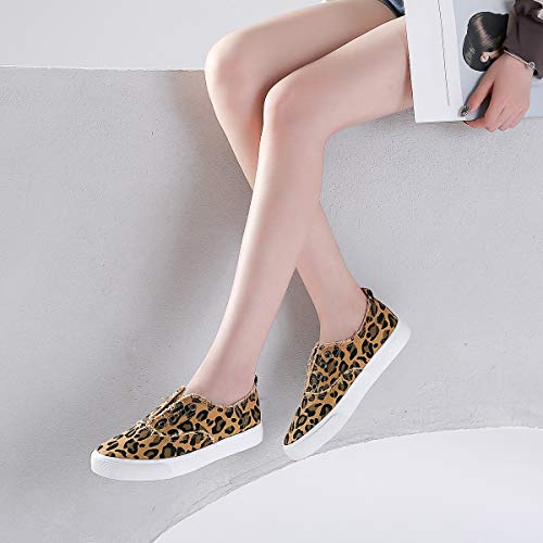 Women's Slip on Sneakers Walking Shoes Casual Girls Canvas Fashion Sneakers(Leopard,US7)