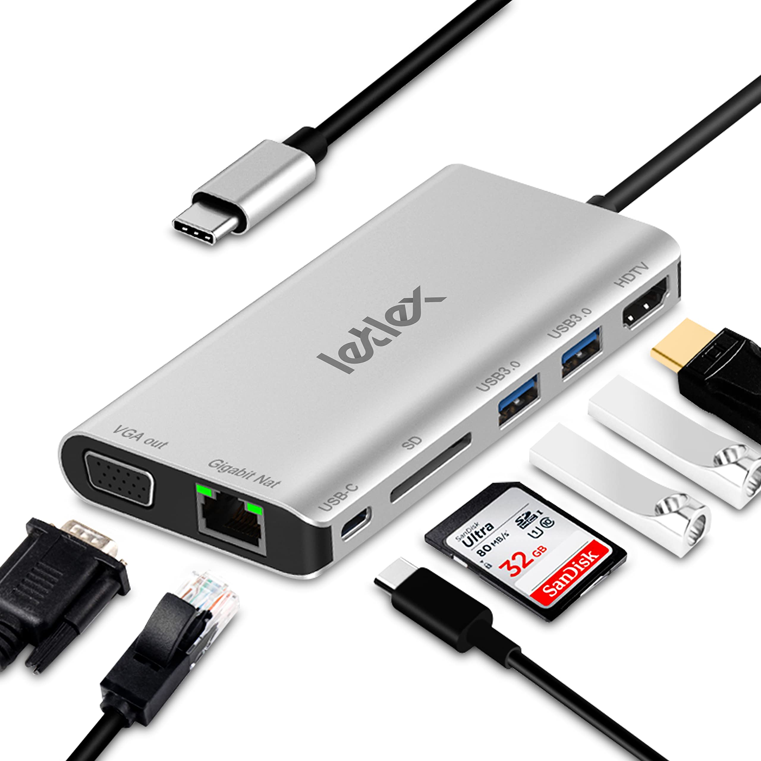 LETLEX USB C Hub - 8 in 1 USB C Hub Multiport Adapter with 4K/30Hz HDMI, 2 x USB 3.0 Ports, Headphone Jack, SD Card Reader, VGA, Gigabit Ethernet, & USB C Port for MacBook Pro & Other Type-C Devices