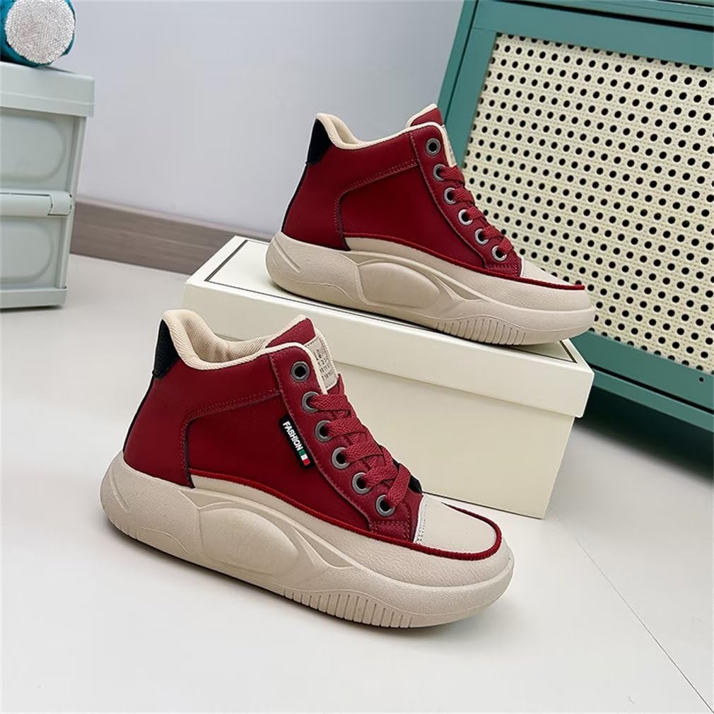 GSLMOLN Women's Walking Shoes, Platform High-top Lace Up Sneakers, Breathable Sports Shoes Red