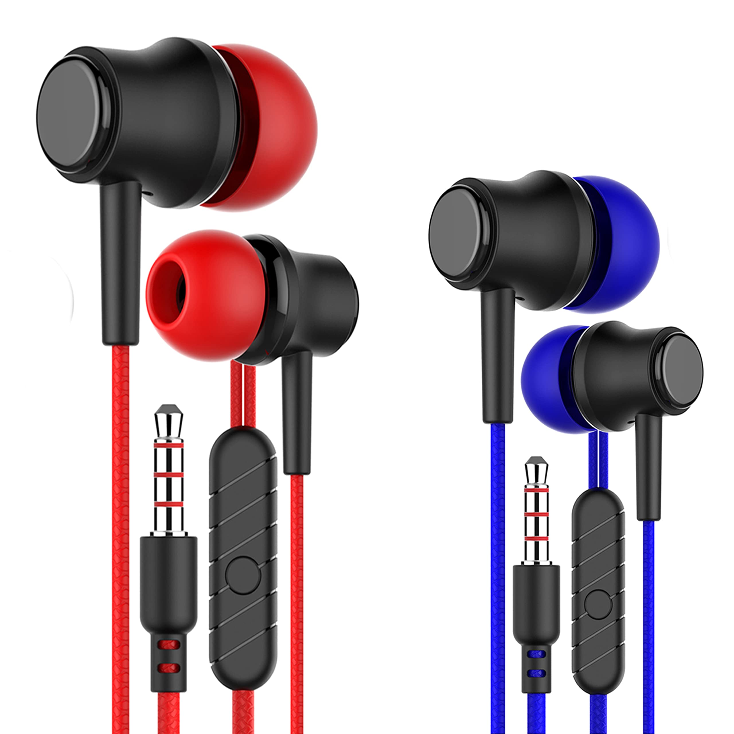 LASPUC 3.5mm in-Ear Earbud Headphones with Built-in Microphone Wired Stereo for Laptop Smartphones(1xRed+1xBlue)