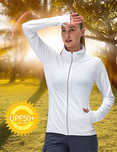 Women's UPF 50+ UV Sun Protection Clothing Long Sleeve Athletic Hiking Shirts Lightweight SPF Zip Up Outdoor Jacket (White,M)