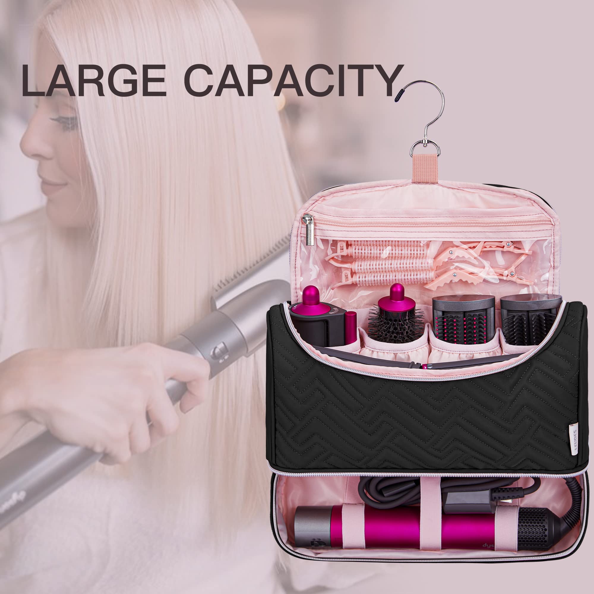 Leudes Travel Case for Dyson Air wrap Holder Hair Styler Organizer for Airwrap Attachments Portable Storage Bag with Hanging Hook (Bag Only) Black