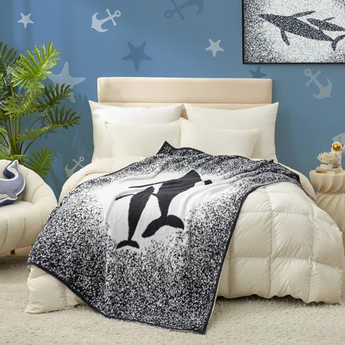 Snuggle Sac Whale Knitted Throw Blanket, Super Soft Reversible Fluffy Shark Plush Blankets, Luxurious Microfiber Whale Blanket Throw for Couch, Bed, Gift for Kids & Parents, Black, 50x60 inches