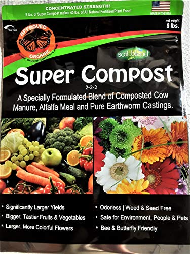 Super Compost by Soil Blend. 8 Lb. Bag of Super Compost Organic Plant Food. 2-2-2 Concentrated (8 lbs. Makes 40 lbs.) Larger Yields, Bigger, Tastier Fruits & Vegetables. Nutrient Dense.