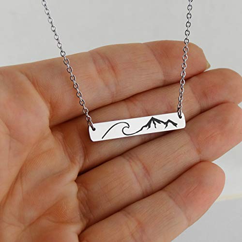 FashionJunkie4Life Ocean Wave Charm - Engraved Bar Necklace, 18" Cable Chain | Birthday Gift for Men and Women