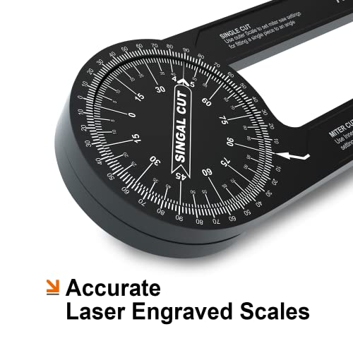 Mecurate Aluminum Miter Saw Protractor, 7.3-Inch Angle Finder Featuring Precision Laser Engraved Scales Woodworking Lightning Measure Tool with 360 Degree Rotation Function for Carpenters