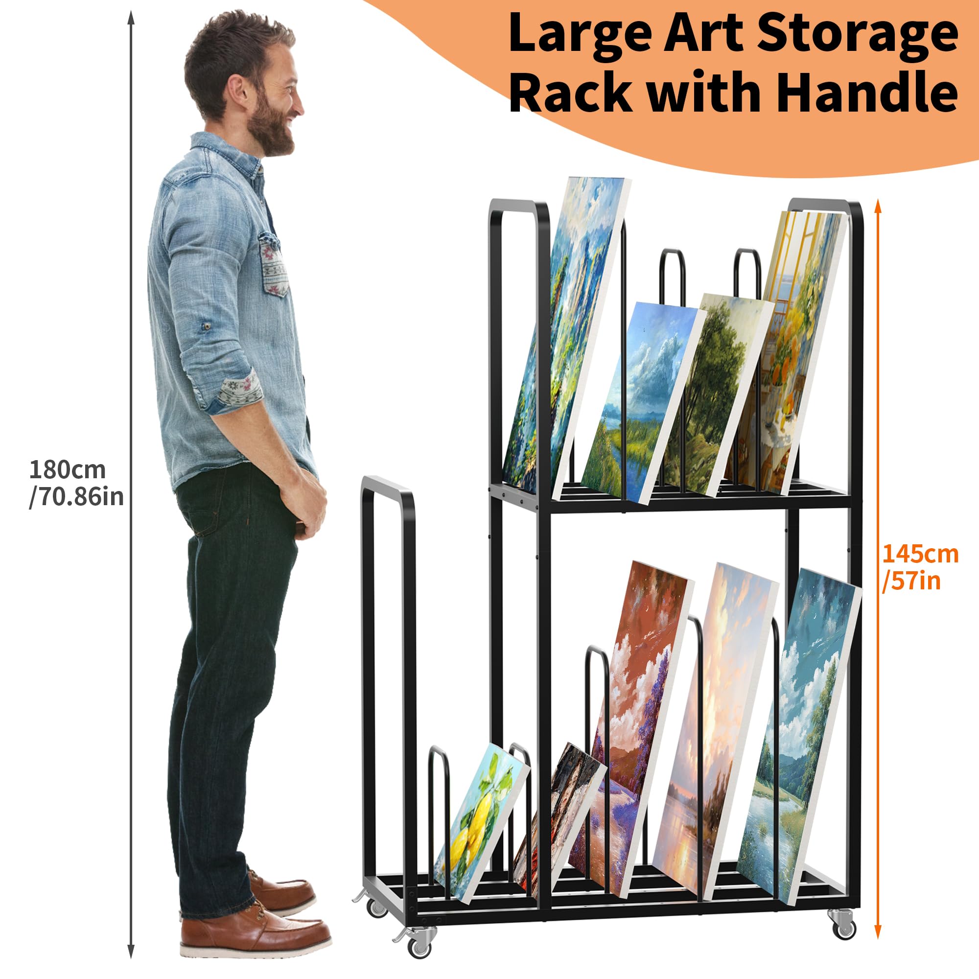 lukar Metal Art Storage Rack with Caster Wheels, 2 Tier Art Canvas Storage Rack, Large Artwork Storage Stand Canvas Organizer Art Drying Rack for Painting, Canvas, Artwork, Panels, Galleries