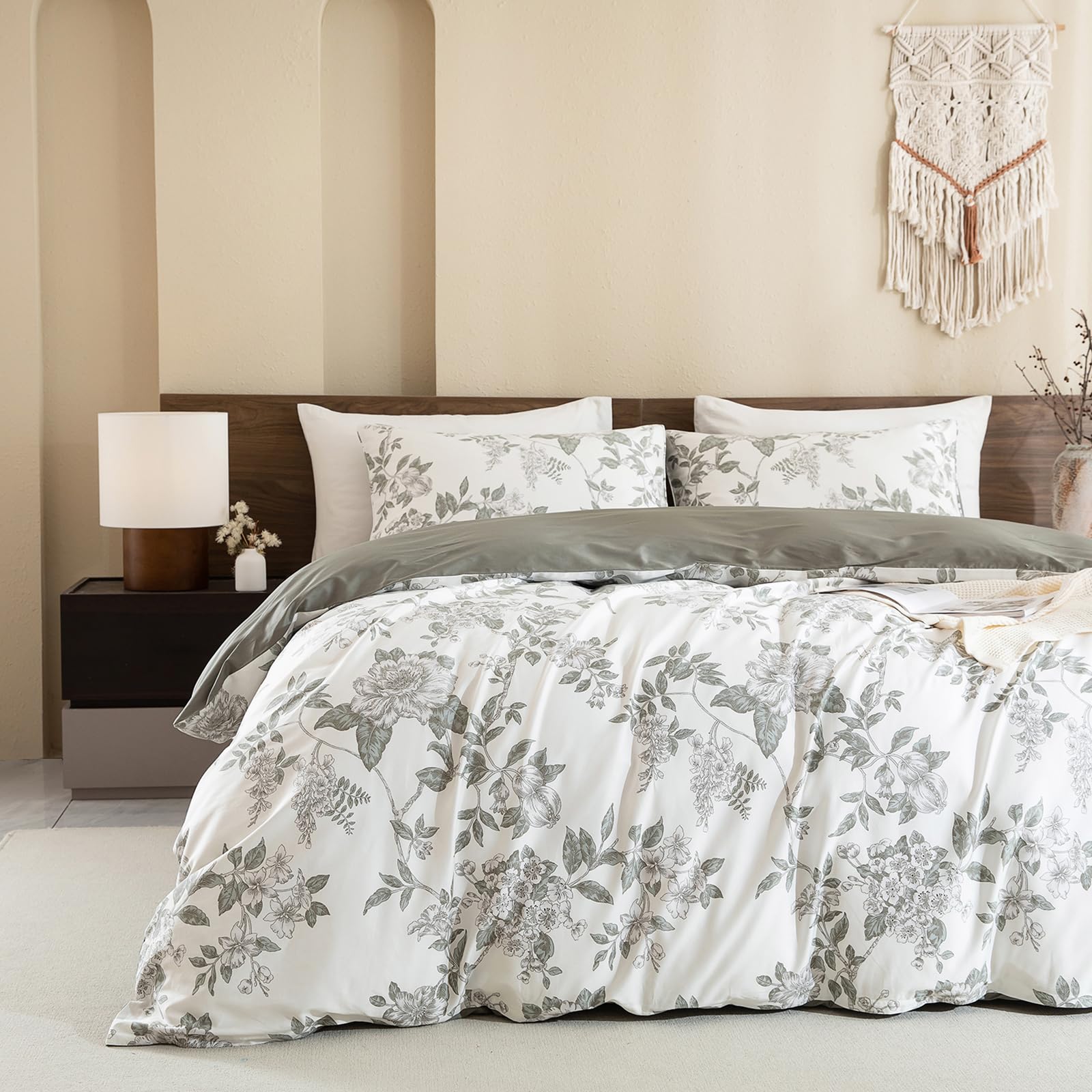 QSH 100% Egyptian Cotton Duvet Cover Set Queen Size Green Floral Vintage Bedding Set Botanical Flower Leaves Pattern Duvet Cover Country Soft Breathable Cover 3 PCs