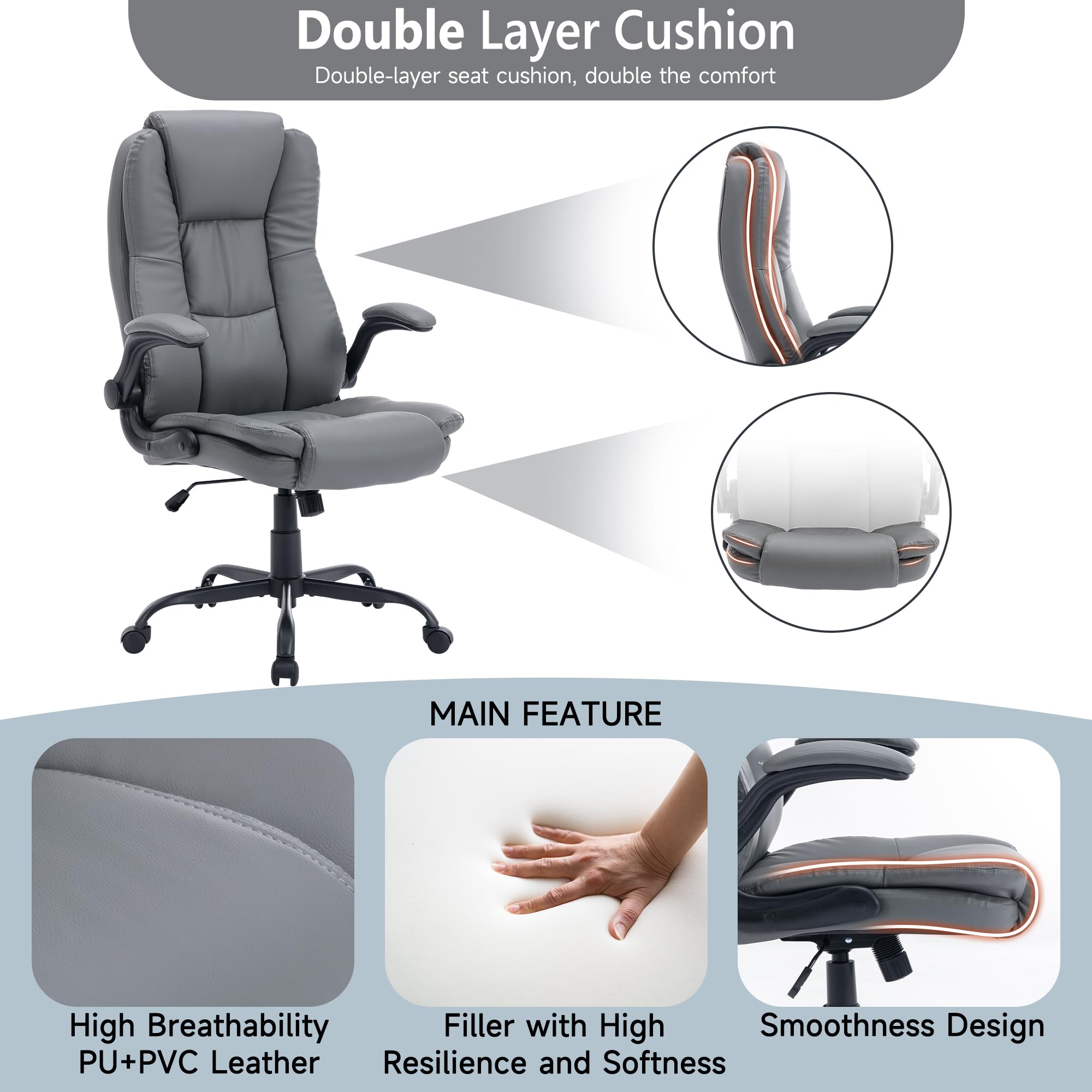 High Back Office Chair, Leather Executive Office Chair, Ergonomic Home Office Desk Chair with Flip-up Arms and Back Support,Comfortable Computer Desk Chairs with Wheels