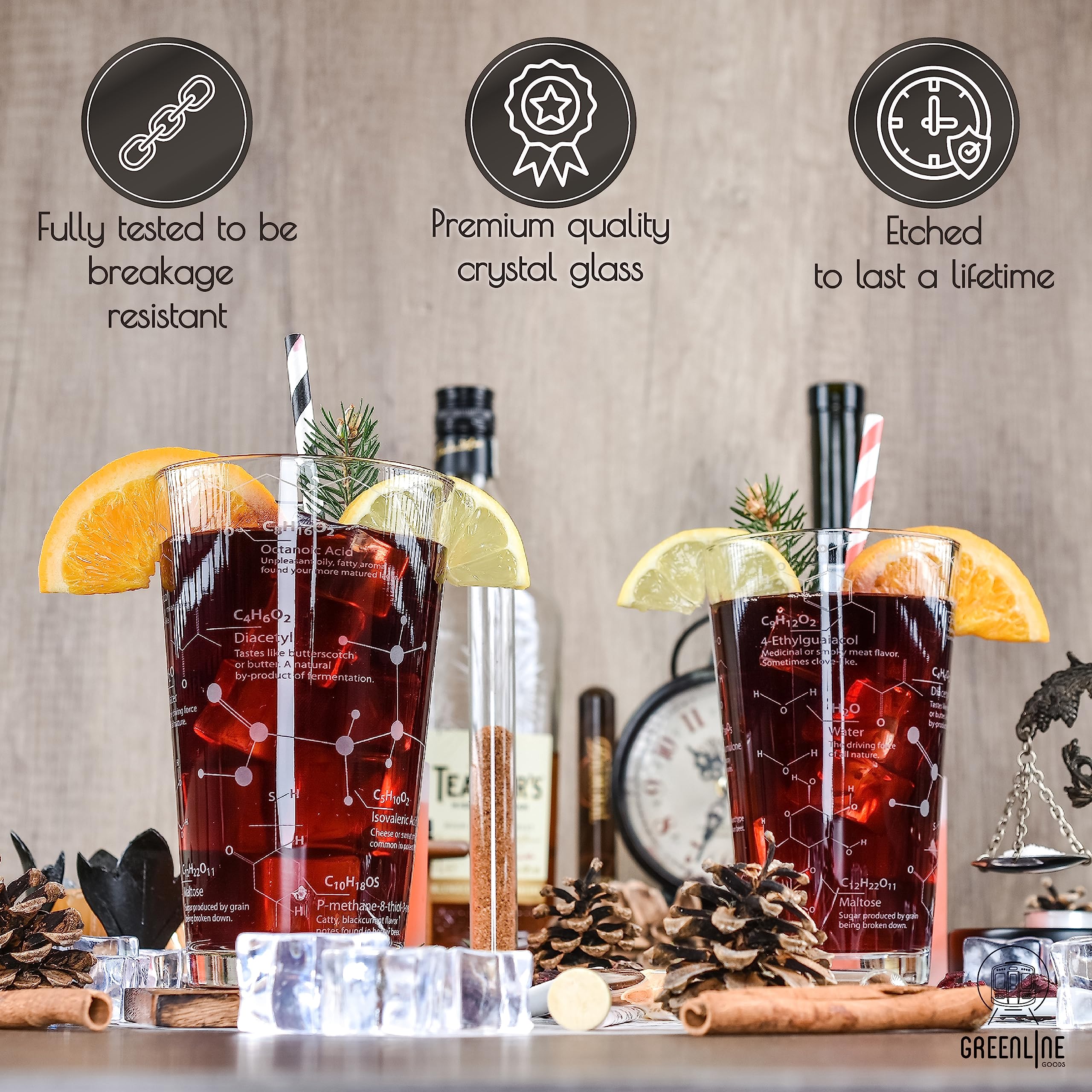 Greenline Goods Beer Glasses - 16 oz Pint Glass (1 Glass) β Science of Beer Glassware - Etched with Beer & Hops Chemistry Molecules