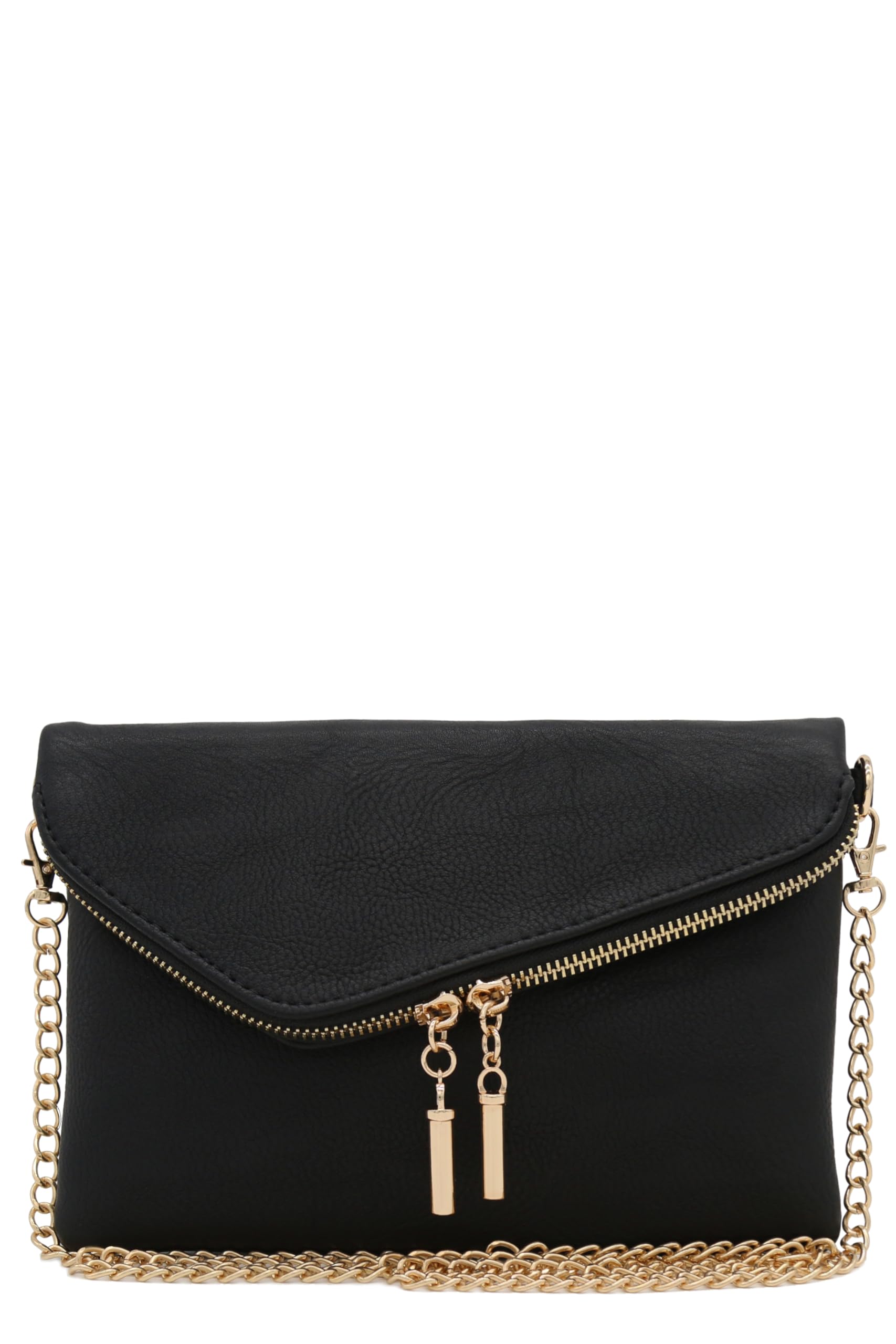 FashionPuzzle Envelope Wristlet Clutch Crossbody Bag with Chain Strap (Black) One Size