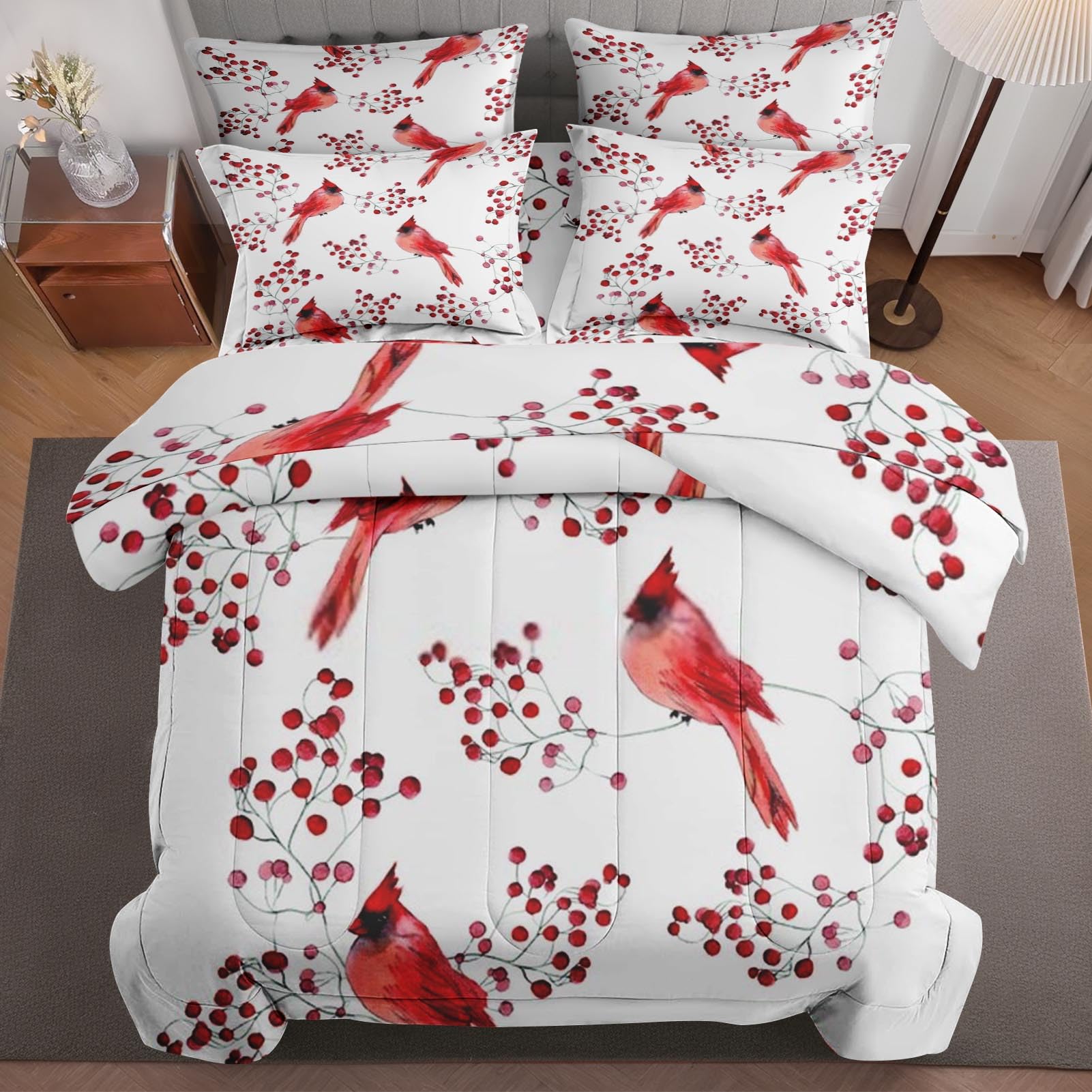Pinbeam 7 Pcs Comforter Set Queen Size, Cute Winter Cardinal Bed in a Bag with Flat Sheet and Fitted Sheet for Kids and Adults, Birds Christmas Red Bedding Set with Pillowcases & Shams