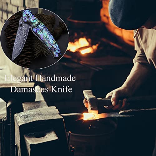 Omesio Damascus Pocket Knife Damascus Folding Knife Blue Abalone Handle Japanese Damascus Blade Pocket Knives Real Damascus Steel Folding Knife with Gift Box for Men/Dad/Father and Women