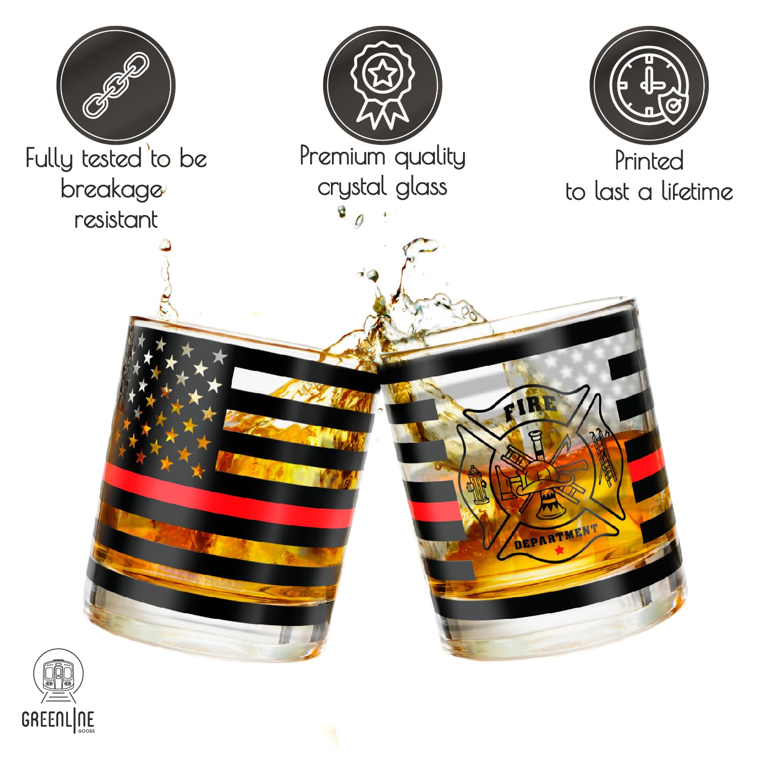 Greenline Goods Thin Red Line Firefighter Whiskey Old Fashioned Glasses (Set of 2) - 10 oz - Classic Glass Drinkware with Fire Fighter Flag Graphics -Shows Support for First Responders