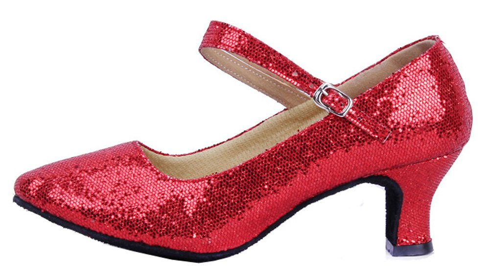 Honeystore Women's Soft Ground Mary Jane Glitter Dance Shoes Red 8 B(M) US