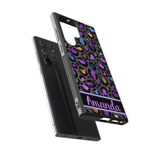 Space Leopard Purple Gold Personalized Black Rubber Phone Case Compatible With Samsung Galaxy S23, S23+, S23 Ultra, S22, S22+, S22 Ultra, S21 FE, S21, S21+ S20 FE S20 + Ultra 20 Ultra10+ S10 S10+