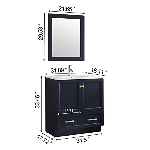 walsport Bathroom Vanity with Sink 32" Navy Cabinet White Undermount Ceramic Vessel Sink Vanities Set Chorme Faucet Drain with Mirror
