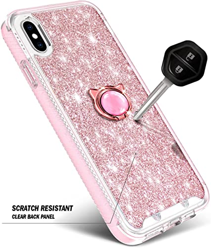 NGB Supremacy Compatible with iPhone XR Case with [Built-in Screen Protector] Ring Holder/Wrist Strap, Full Body Protection Slim Fit Shockproof Bumper Durable Case Cover (Rose Gold)