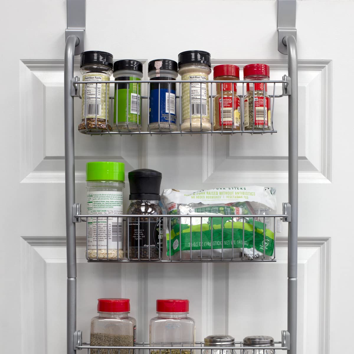 Home Basics Heavy Duty 4 Tier Over the Door Storage Shelf Hanging Cabinet Metal Pantry Rack Organizer Spice Space, Grey