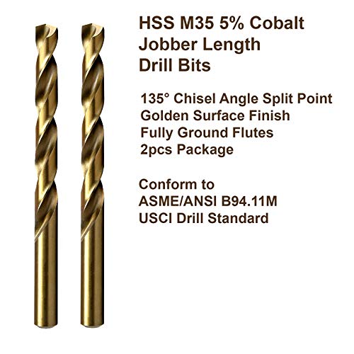MAXTOOL 13/64" 2pcs Identical Jobber Length Drills HSS M35 Twist Drill Bits 5% Cobalt Fully Ground Golden Straight Shank Drills; JBF35G10R13P2