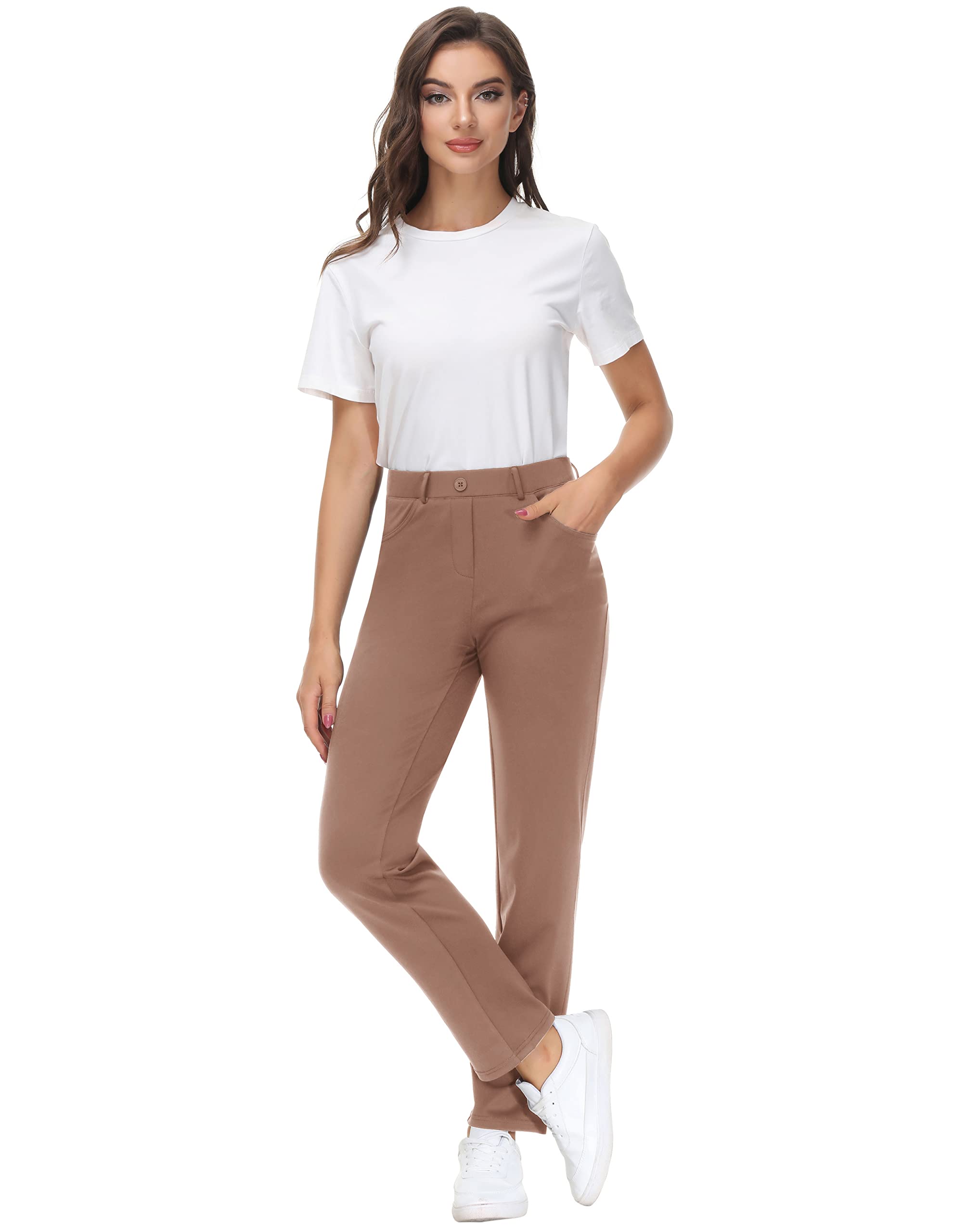 JACK SMITH Women Stretchy Straight Leg Yoga Dress Pants Elastic for Office Work Brown 2XL