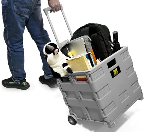 MaxWorks 50704 Collapsible Gray Rolling Folding Dolly Grocery Cart - Multi-Functional Teacher Dolly with Extra Storage, Durable Wheels, and Easy-to-Fold Design for Classroom, Office, Shopping